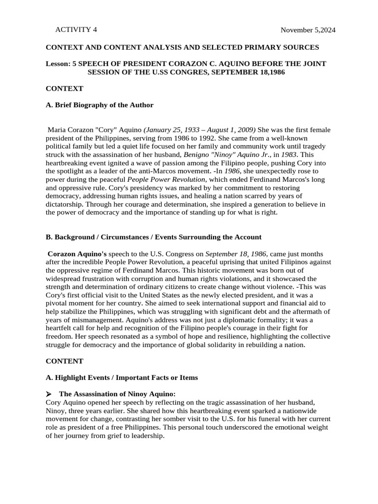 Context and Content Analysis and Selected Primar | PDF | Corazon Aquino ...