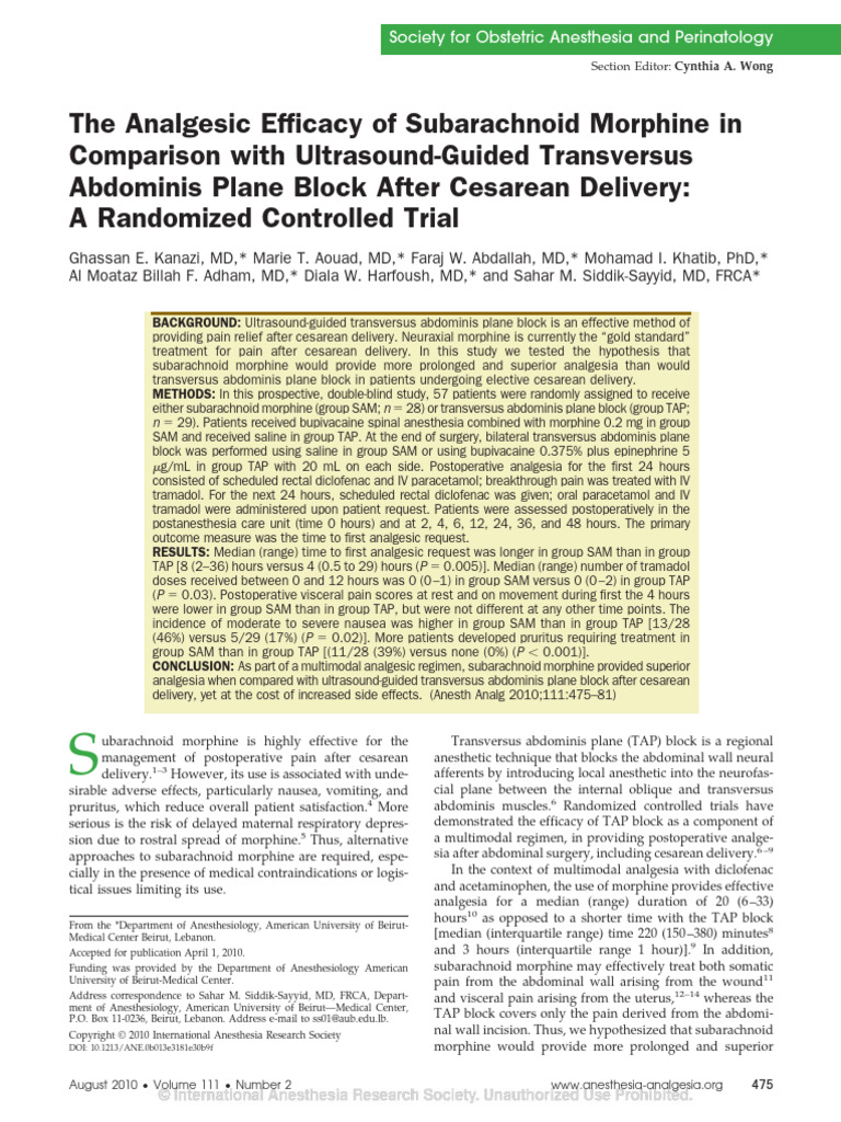 The Analgesic Efficacy of Subarachnoid Morphine in Comparison With ...