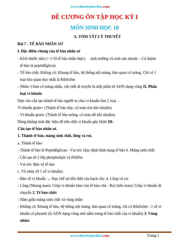 De Cuong On Tap Mon Sinh Hoc 10 HK1 Co Dap An | PDF