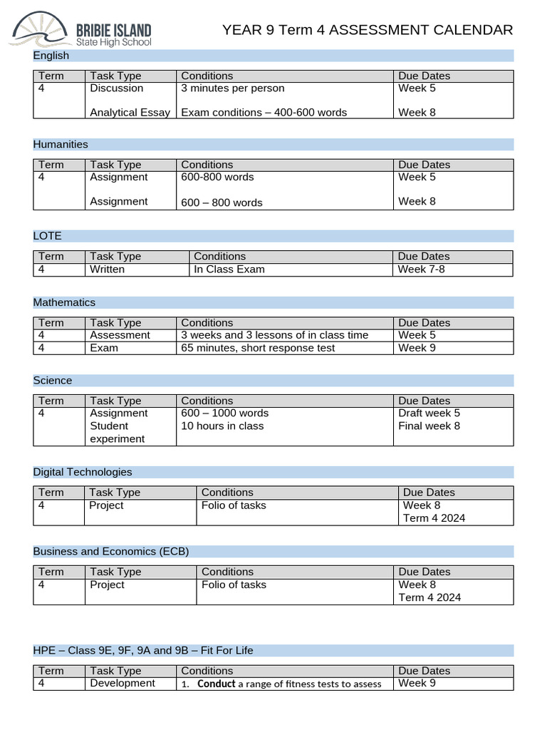 BISHS Year 9 Term 4 Assessment Calendar 2024 | PDF | Career & Growth | Art
