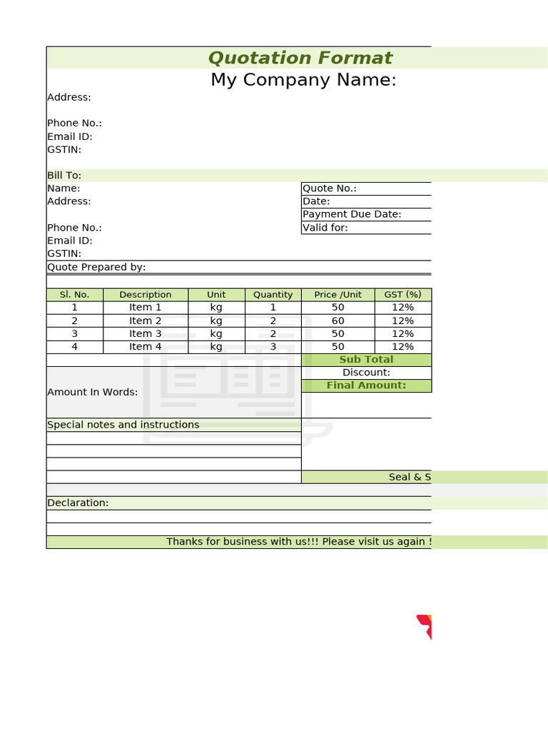 Quotation Format in Excel 16 | PDF | Finance & Money Management