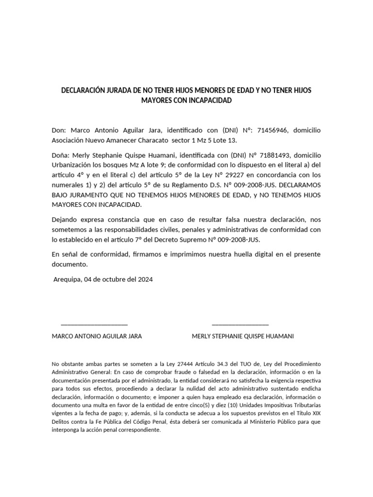 Declaracion Jurada de No Tener Hijos Menores y No Tener Hijos Mayores Con Incapacidad | PDF