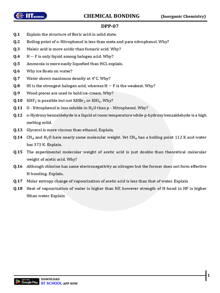 DPP - 07 - Chemical Bonding (Part - 1) | PDF | Hydrogen Bond | Acid