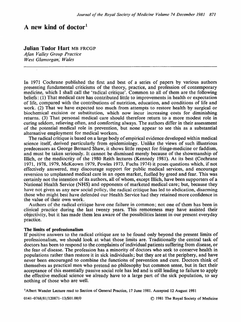 Tudor Hart 1981 A New Kind of Doctor | PDF | Blood Pressure | General ...