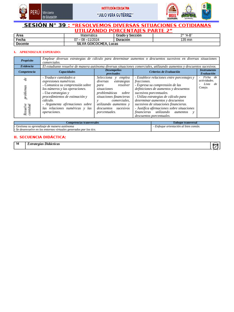 2°-Sesion 039 Mat - 2024 | PDF | Porcentaje | Evaluación