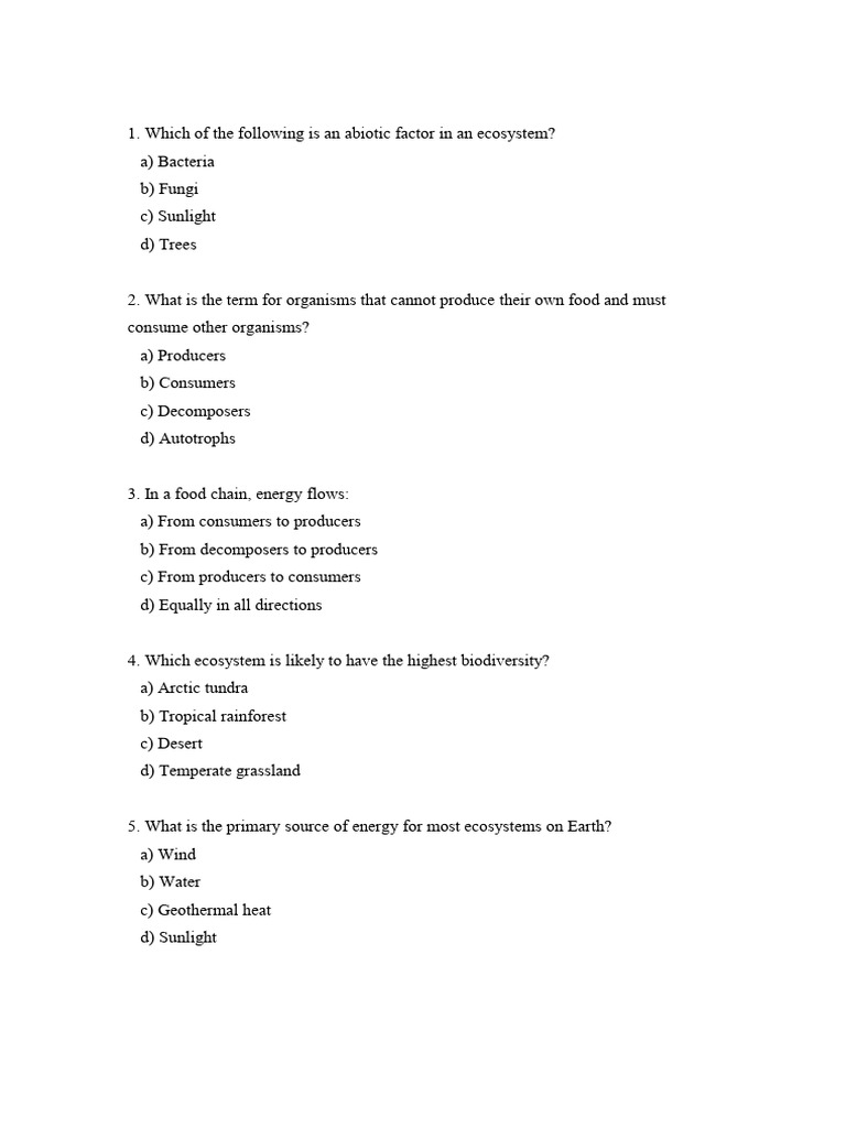 Ecosystem Quiz: Factors, Energy, and Biodiversity | PDF | Science ...