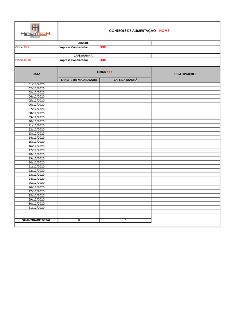 Controle Cafe Da Manha - Modelo | PDF