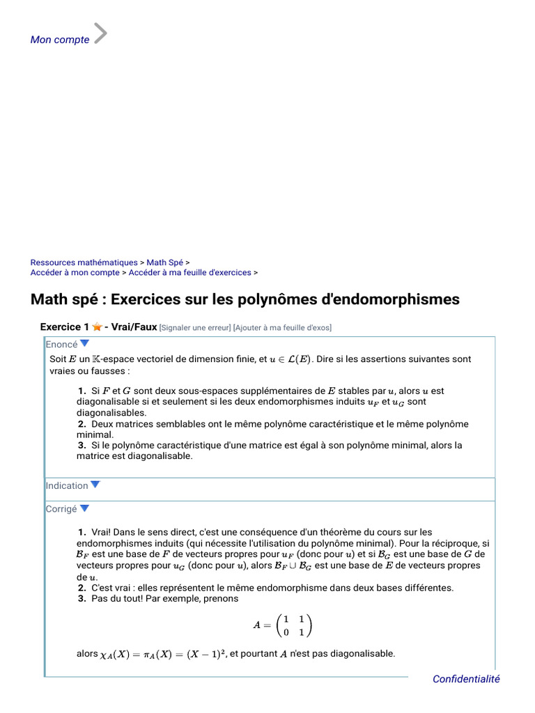Math Spé - Exercices Sur Les Polynômes D'endomorphismes | PDF | Valeur ...