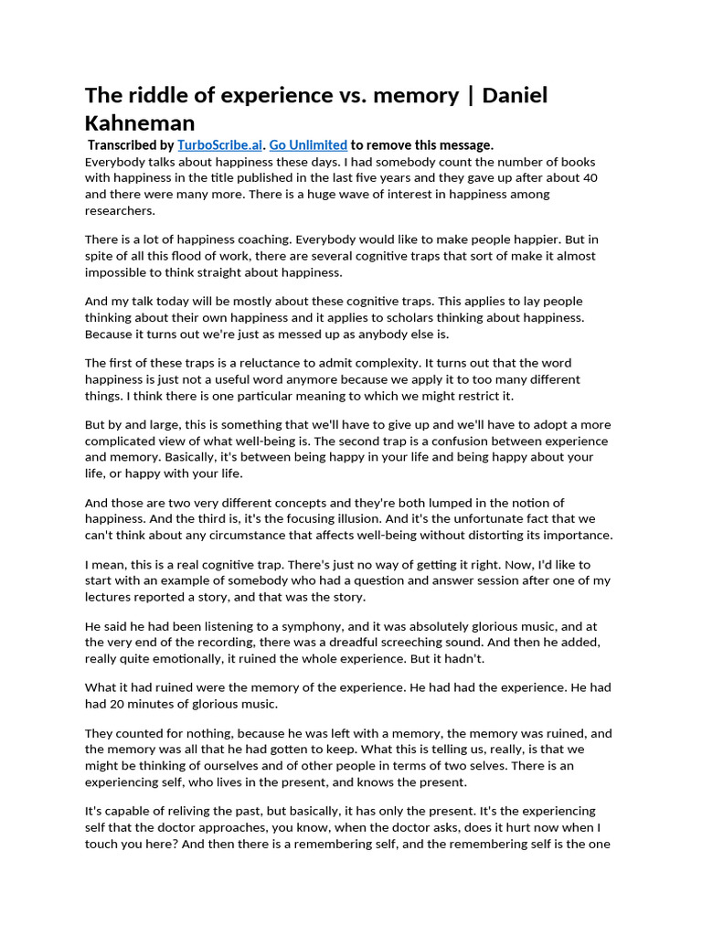 The Riddle of Experience vs. Memory - Daniel Kahneman | PDF | Happiness | Philosophy Of Self