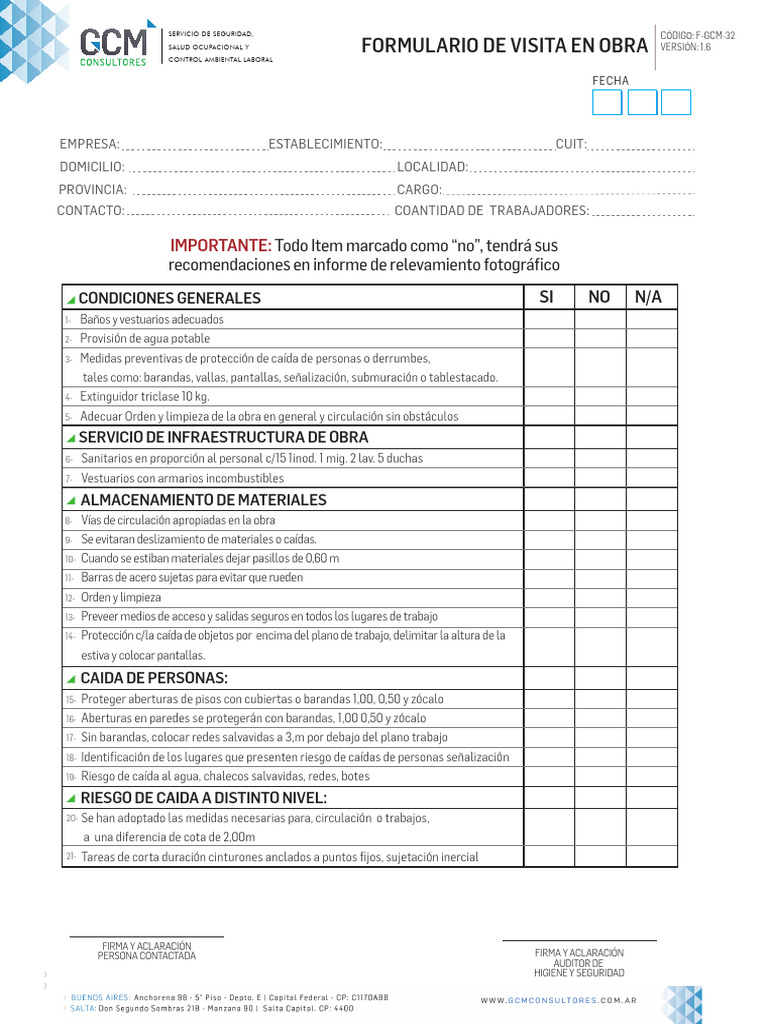 F-gcm-32 - Formulario de Visita en Obra | PDF | Seguridad y salud ...