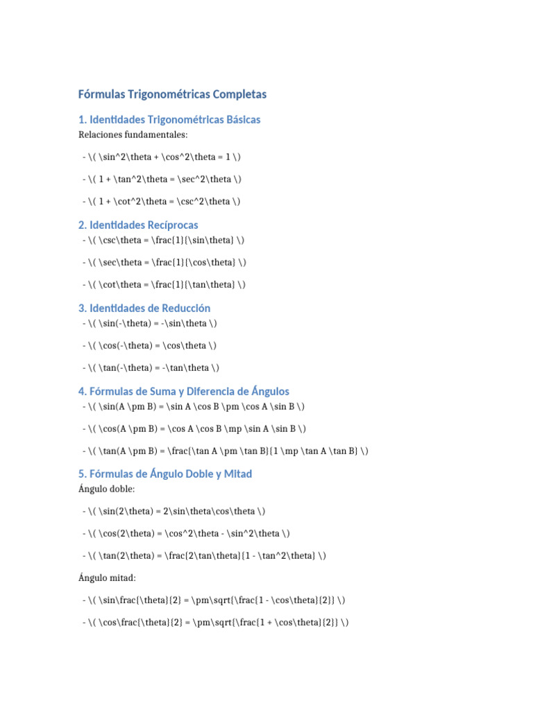 Formulas Trigonométricas Completas | PDF | Ciencia y matemáticas | Informática