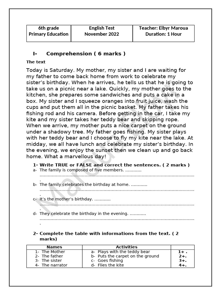 6th Grade English Test - November 2022 | PDF | Grammar | Linguistics
