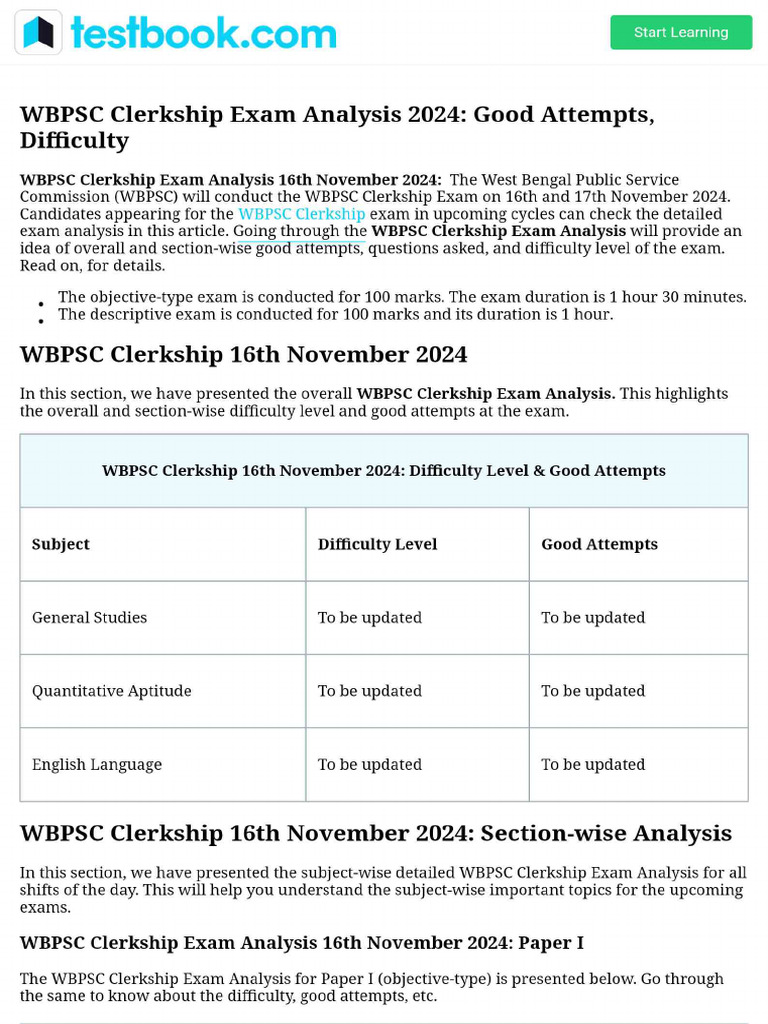 WBPSC Clerkship Exam Analysis 2024 - Good Attempts, Difficulty | PDF