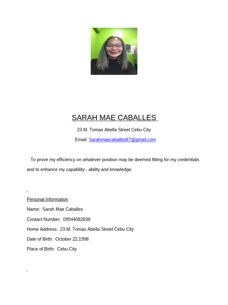 Sarah Mae Caballes Resume Summary | PDF