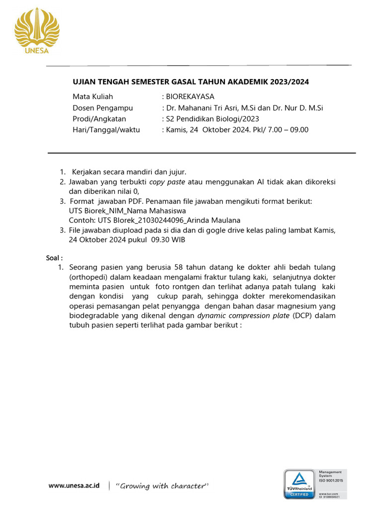 Soal UTS BIOREKAYASA SMT Gasal 2024-2025 Fix | PDF | Sains & Matematika