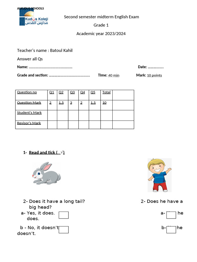 Grade 1 English Midterm Exam | PDF