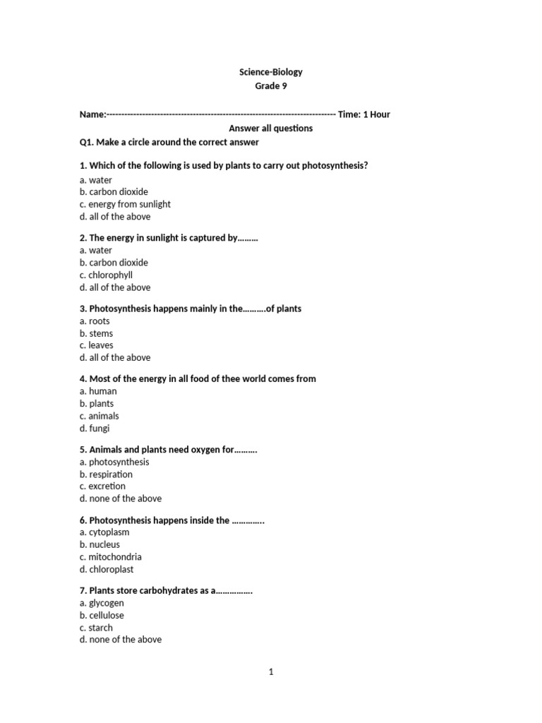 Test Science-Biology g9 | PDF | Photosynthesis | Leaf