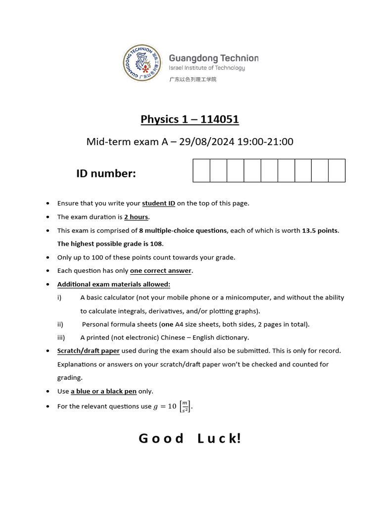 Physics 1 Mid-term Exam A 2024 | PDF | Force | Mechanics