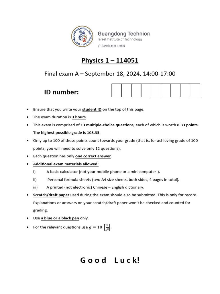 Physics 1 Final Exam A - Sept 2024 | PDF | Force | Applied And Interdisciplinary Physics