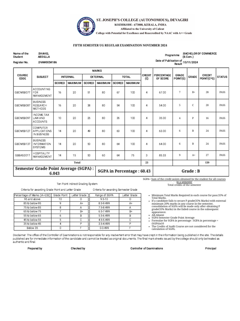 Semester Mark Card | PDF