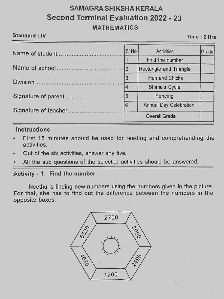 Kerala Second Term Exam 2022 Previous Question Paper STD IV MATHS EM | PDF