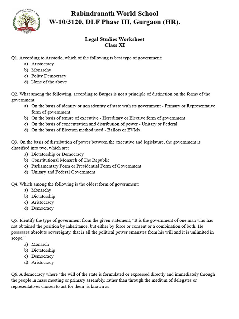 Class XI Legal Studies Question Paper | PDF | Bill (Law) | Government