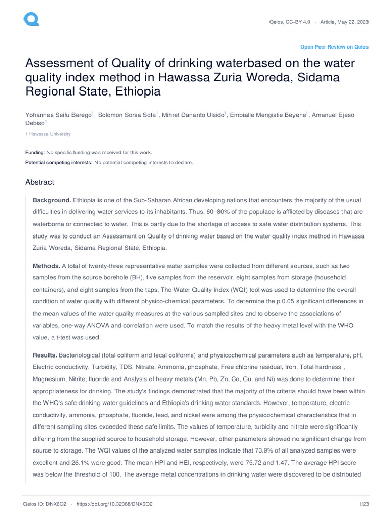 Water Quality Assessment in Hawassa, Ethiopia | PDF | Water Quality ...