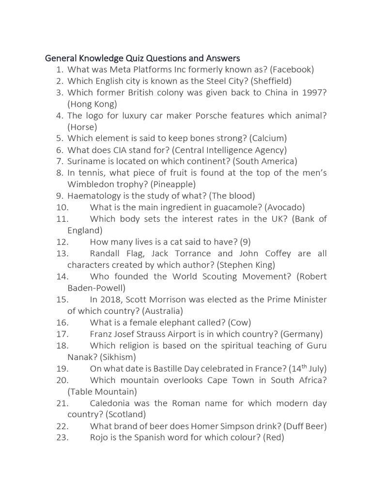 General Knowledge Quiz Questions and Answers | PDF | Association Football