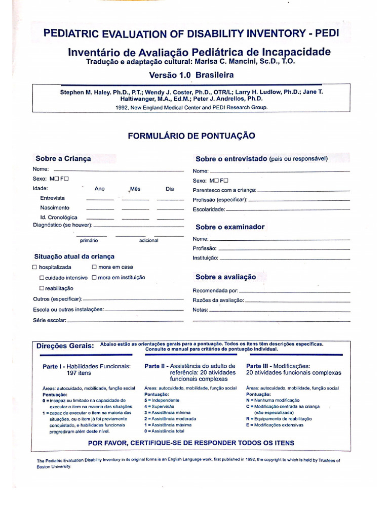 PEDI Folha de Escore | PDF