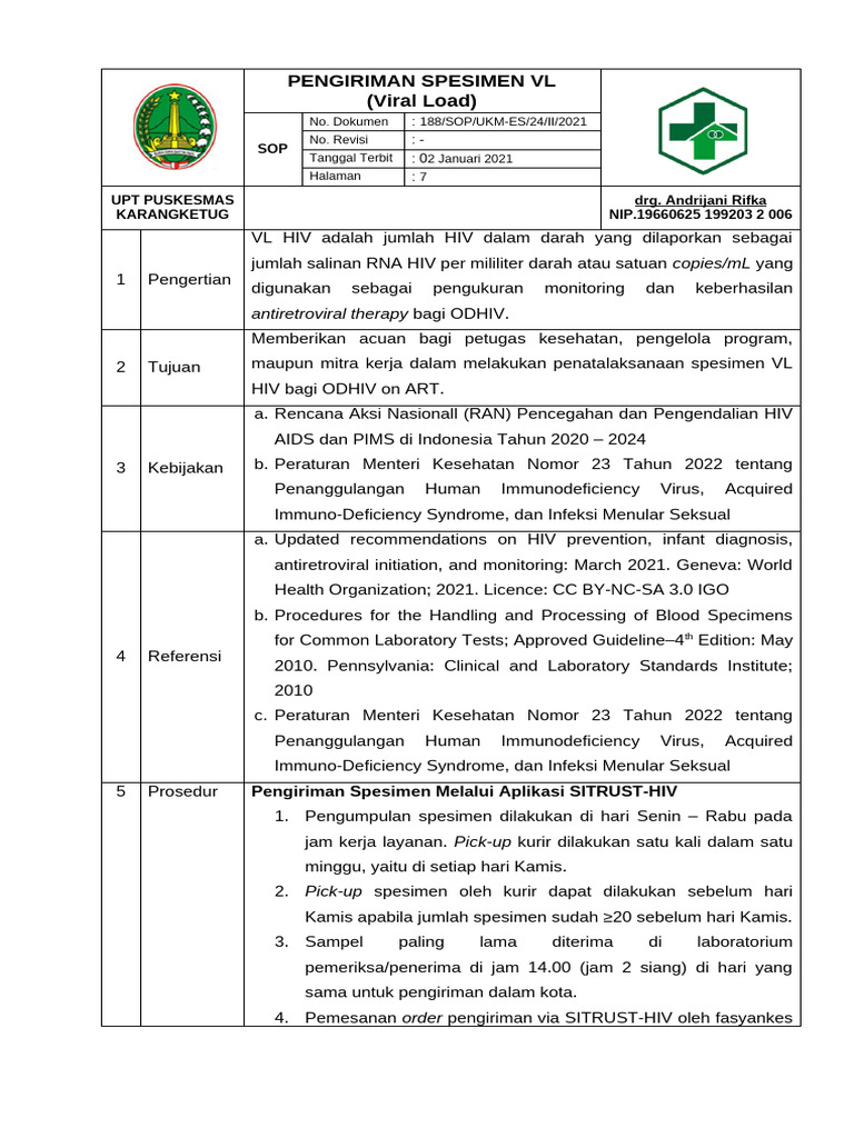 Sop Pengiriman Spesimen VL - PKM Karangketug - Kota Pasuruan | PDF