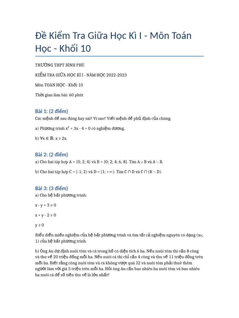 De Kiem Tra Giua Hoc Ki I Toan Khoi 10 No Equations | PDF