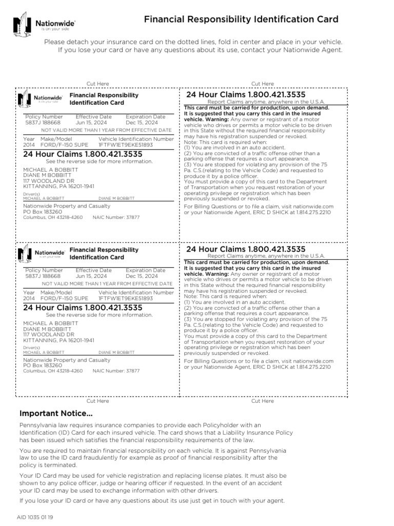 Financial Responsibility Identification Card: 24 Hour Claims 1.800.421 ...