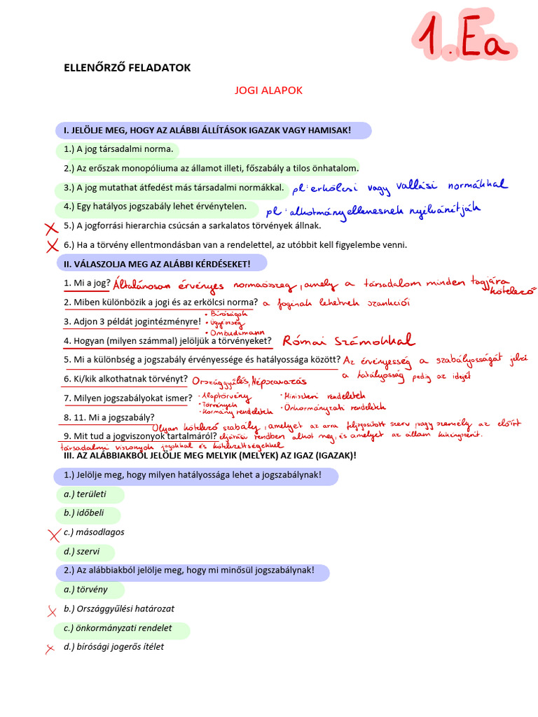 Jogi Alapok - Kérdések 1.ea | PDF