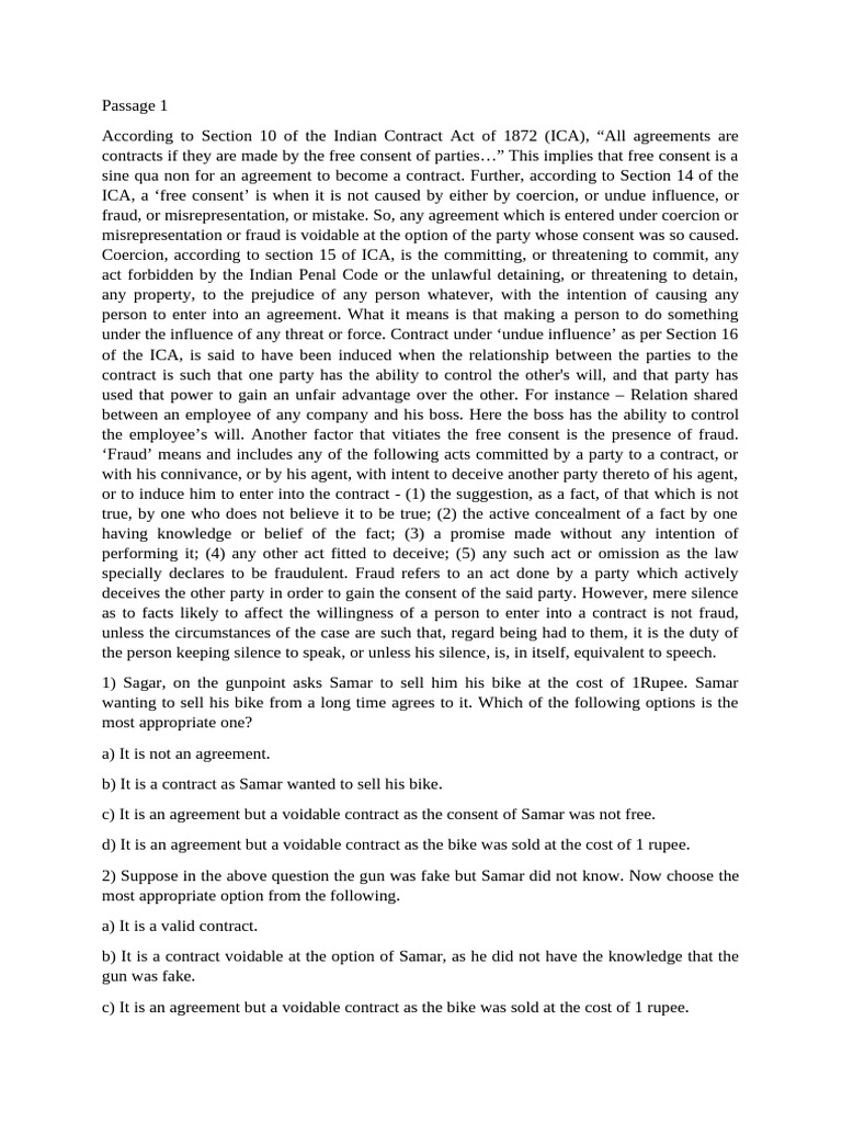 Clat Contract Questions Final | PDF | Indemnity | Misrepresentation