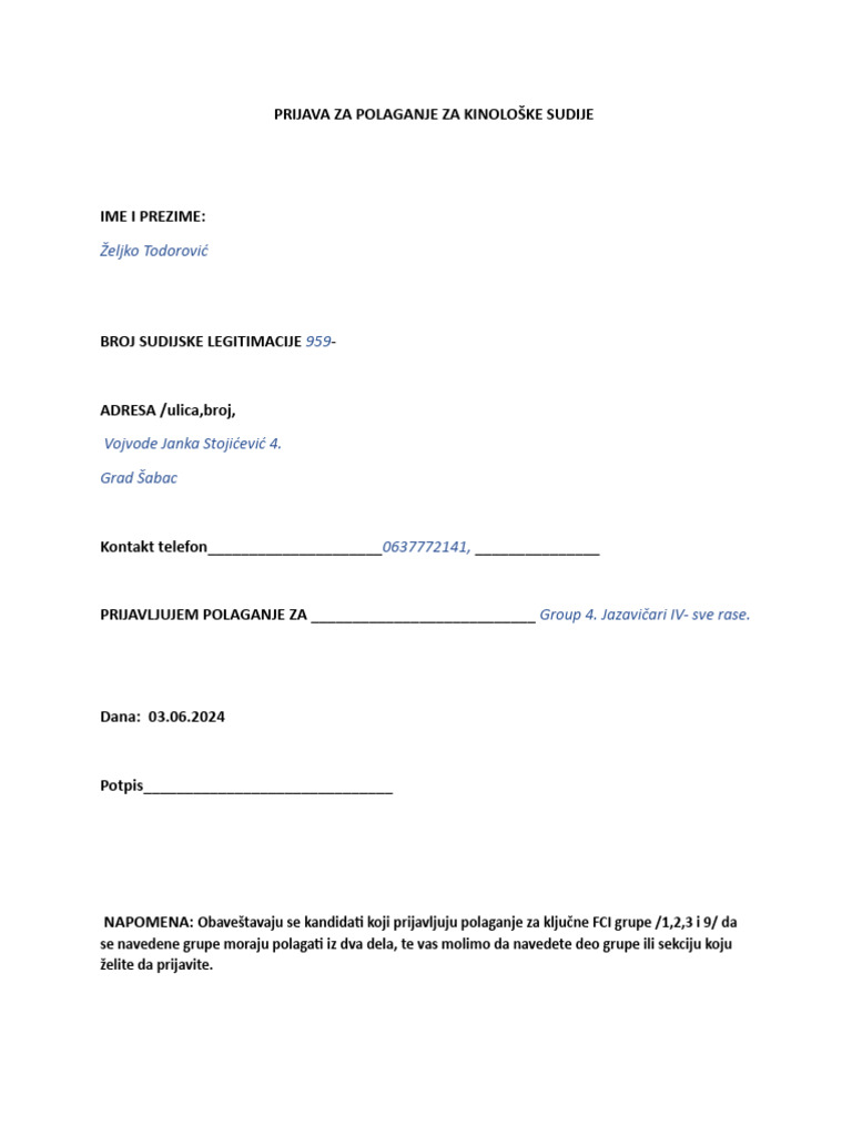 Prijava Za Polaganje Za Kinološke Sudije | PDF