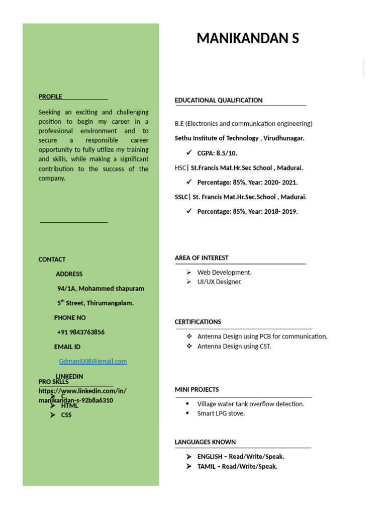 Manikandan Resume 1 | PDF