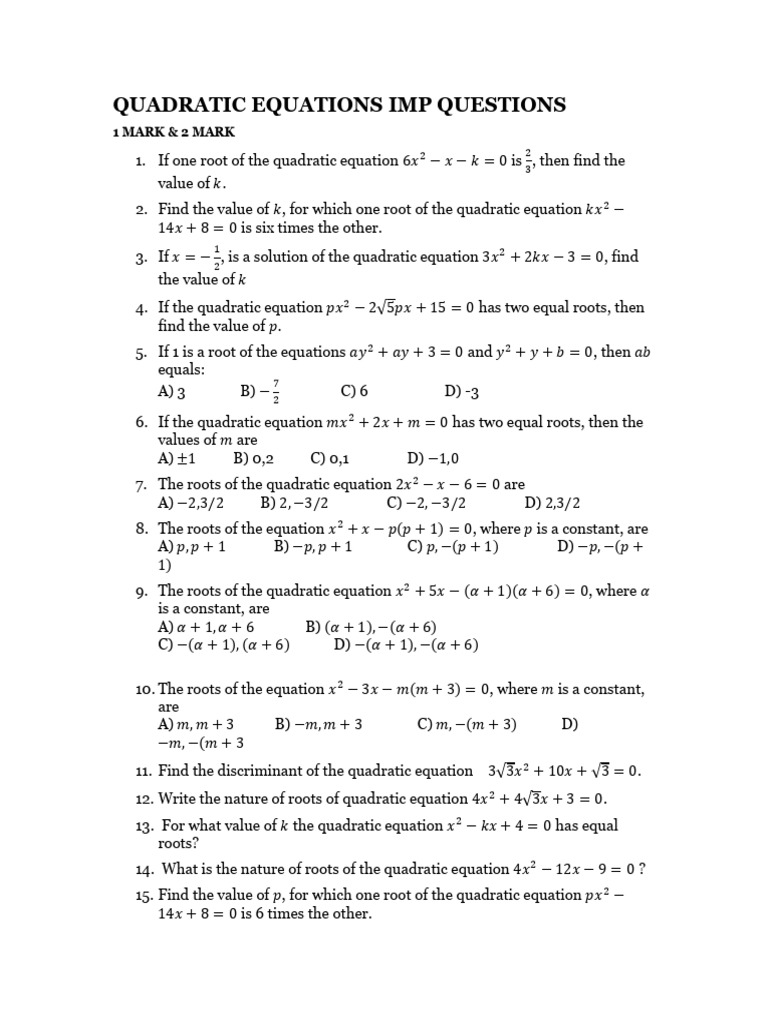 Qe Imp Questions | PDF | Quadratic Equation | Equations