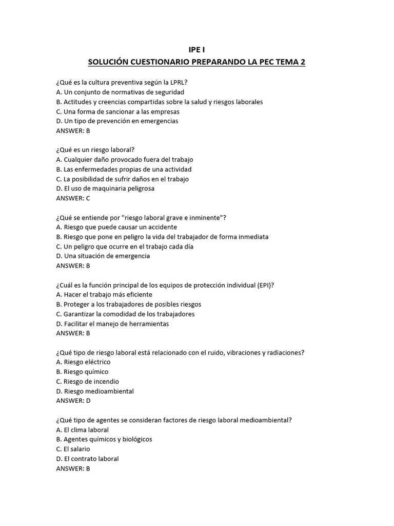 Ipe I - Soluciã N Cuestionario Preparando La Pec Tema 2 | PDF | Seguridad y salud ocupacional ...