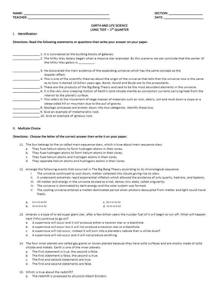 Long Test 1ST Quarter Earth Life Science | PDF | Rock (Geology) | Redshift