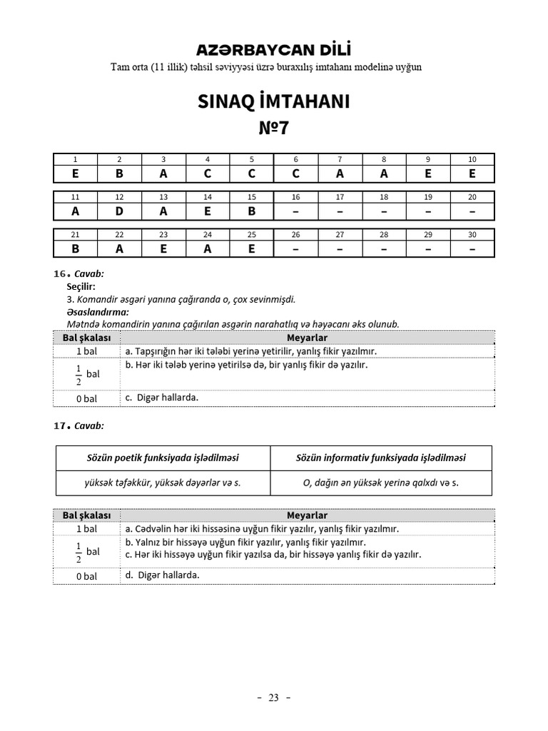 Az-Dili Bura 11 Cavab Sinaq 7 | PDF