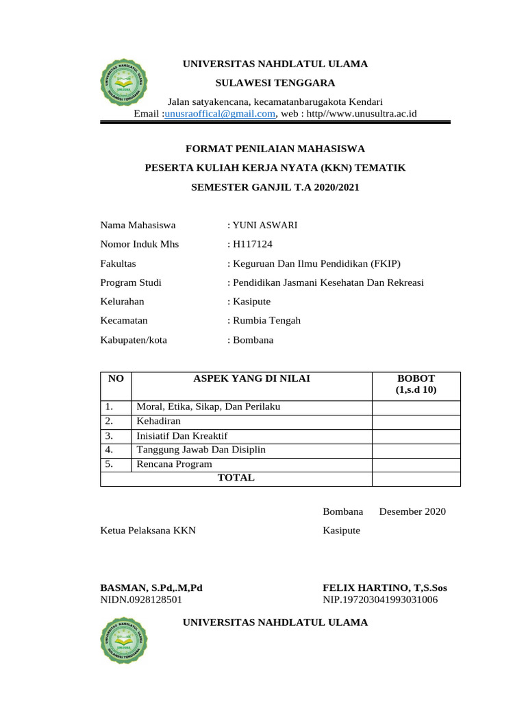Format Penilaian KKN Kelurahan | PDF | Karier & Perkembangan | Ilmu Sosial