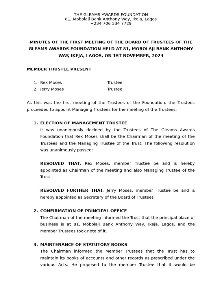 First Trustee Meeting Minutes | PDF | Private Law | Government