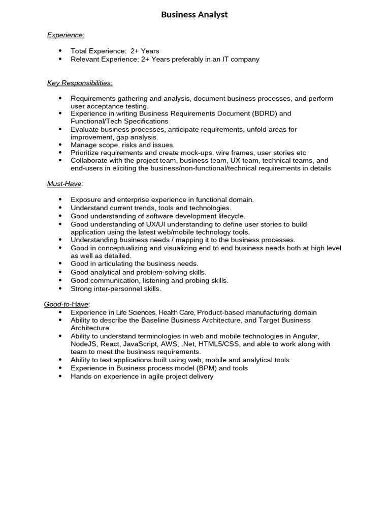 JD - Buisness Analyst - V1.1 | PDF