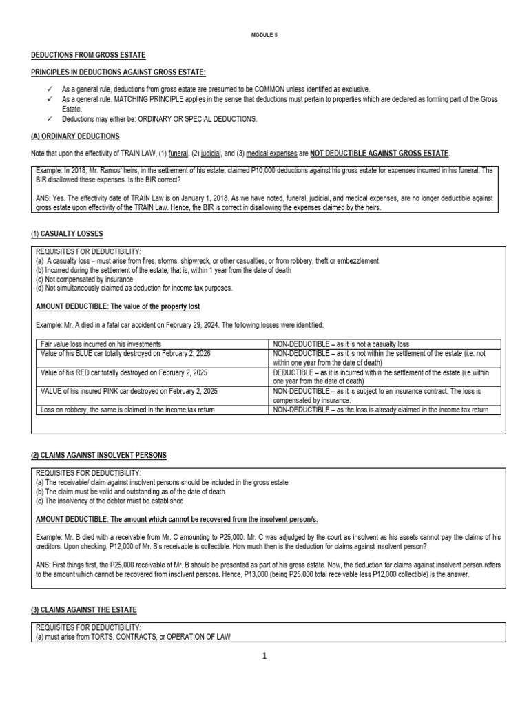 Module 5 Deductions From Gross Estate | PDF | Tax Deduction | Loans