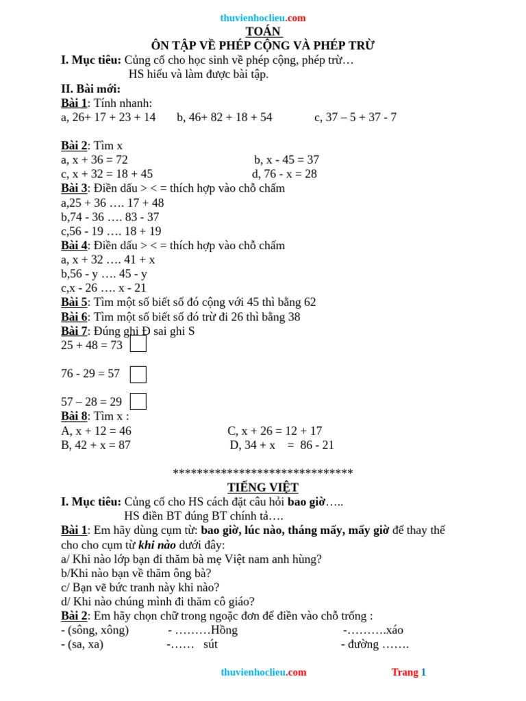 Bo de On He Toan Tieng Viet Lop 2 | PDF