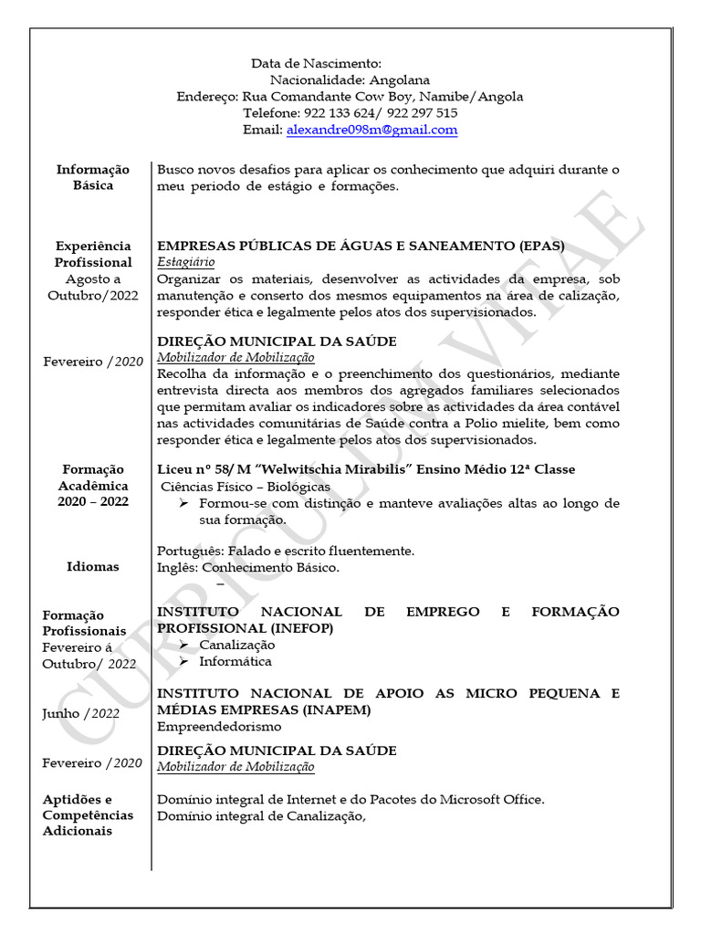 Curriculum Vitae Alexandre | PDF | Angola