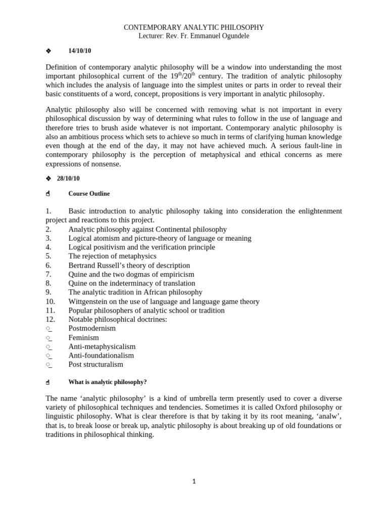 Analytic Philosophy Overview | PDF | Analytic Philosophy | Metaphysics