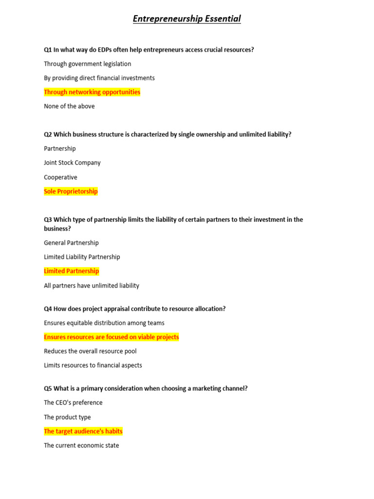 Entrepreneurship Essential QB With Answer | PDF | Entrepreneurship ...