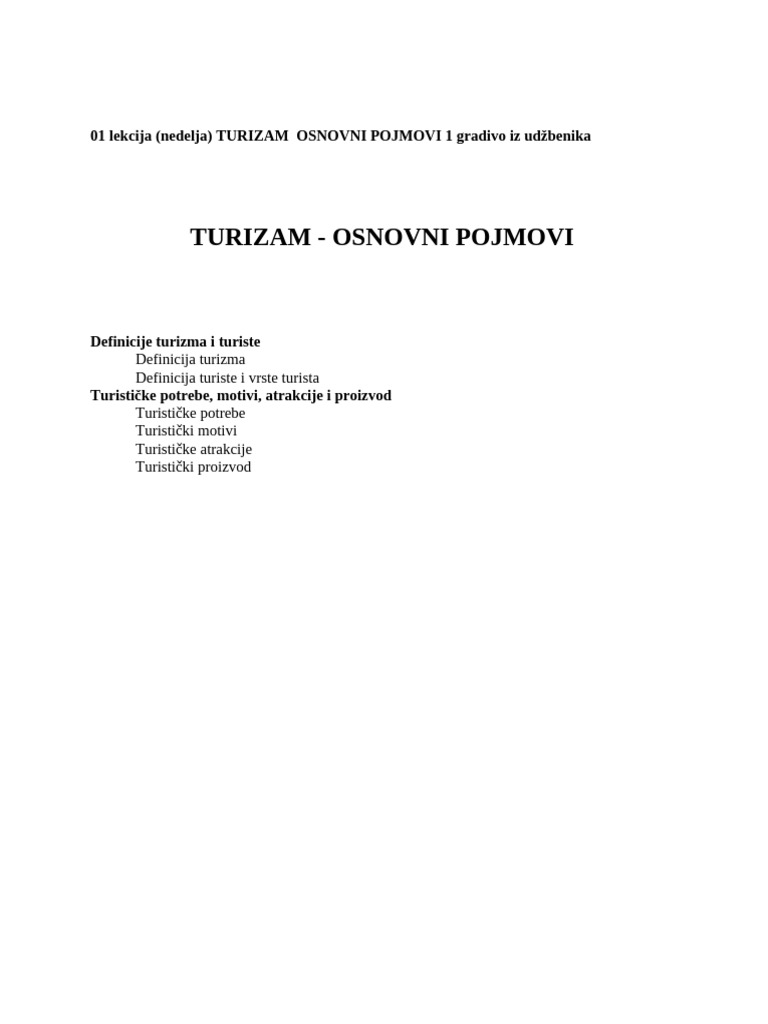 01 Lekcija (Nedelja) TURIZAM OSNOVNI POJMOVI 1 Gradivo Iz Udžbenika | PDF