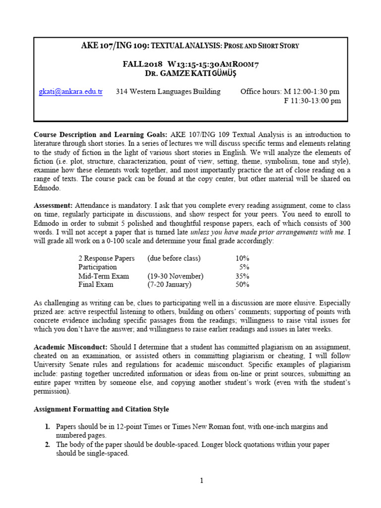 Textual Analysis 2018 Fall Syllabus | PDF | Academic Dishonesty | Citation